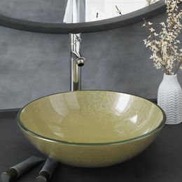 VidaXL Badezimmer Waschbecken mit Wasserhahn und Ablaufgarnitur Gold gehärtetes Glas