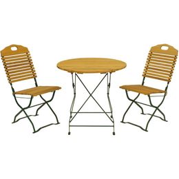 DEGAMO Kurgarten - Garnitur bad tölz 3-teilig (2x Stuhl, 1x Tisch 77cm rund), Flachstahl grün + Robinie, klappbar - braun