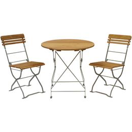 DEGAMO Biergarten - Garnitur münchen 3-teilig (2x Stuhl, 1x Tisch rund 77cm), Flachstahl verzinkt + Robinie - braun