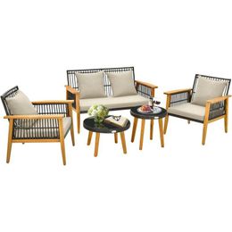 Costway 5-teiliges Rattan Gartenmöbel Set Akazienholz, Gartenbank & 2 Gartenstühle & 2 Couchtische, Sitz- und Rückenkissen, Terrassenmöbel Polyrattan