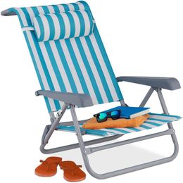 Liegestuhl klappbar, 8-stufig verstellbar, Strandstuhl mit Nackenkissen, Armlehnen & Flaschenöffner, blau/weiß - Relaxdays