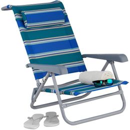 Relaxdays - Liegestuhl klappbar, verstellbar, Strandstuhl mit Nackenkissen, Armlehnen & Flaschenöffner, blau/grün/weiß