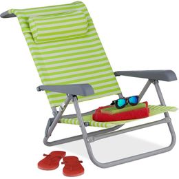 Liegestuhl klappbar, 8-stufig verstellbar, Strandstuhl mit Nackenkissen, Armlehnen & Flaschenöffner, grün/weiß - Relaxdays