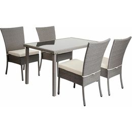 Poly-Rattan Garnitur HHG 951, Sitzgruppe Balkon-/Lounge-Set, 4xStuhl+Tisch, 120x75cm grau, Kissen creme - grey