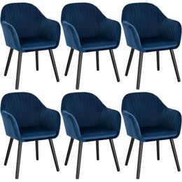 6X Esszimmerstühle Küchenstuhl Wohnzimmerstuhl Design Stuhl Polsterstuhl mit Armlehne Samt Massivholz Schwarze Beine Blau - blau - WOLTU