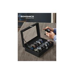Songmics - Uhrenbox mit 12 Fächern, Uhrenkasten mit Glasdeckel, Uhrenkoffer mit herausnehmbaren Uhrenkissen, Premium-Uhrenschatulle, PU-Bezug in