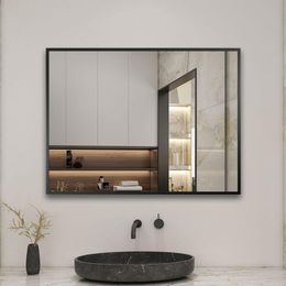 Rechteckig Dekorativer Spiegel mit schwarzer Aluminiumrahmen Einfacher Wandspiegel Kosmetikspiegel für Schlafzimmer Wohnzimmer Badezimmer 80x60cm