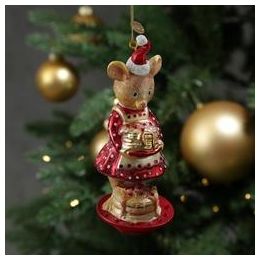 MARELIDA Weihnachtsbaumschmuck M√§uschen mit Pfannkuchen - Christbaumschmuck - Glas - H: 15cm - rot