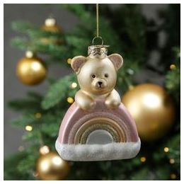 MARELIDA Weihnachtsbaumschmuck Teddyb√§r mit Regenbogen - Christbaumschmuck - Glas - H: 13,5cm - rosa