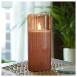 MARELIDA LED Kerze im Glas - Windlicht - Echtwachs - 3D Flamme - Timer - H: 17,5cm - D: 7,5cm - rosa