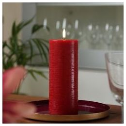 LED Kerze PIA - Rustik-Optik - Echtwachs - H: 20cm - D: 7,8cm - Timer - bis zu 1000 Std. - rot