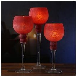 MARELIDA Kerzenhalter Kelch FROST - Windlicht - Glas - 3 H√∂hen - gefrostet und rot satiniert - 3er Set