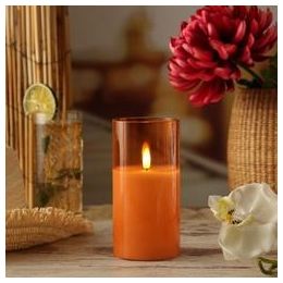 MARELIDA LED Kerze im Glas - Windlicht - Echtwachs - flackernde 3D Flamme - Timer - H: 15cm - orange