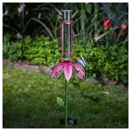 MARELIDA LED Solar Regenmesser mit Blume und Schmetterling - Gartenstecker - H: 84cm - Lichtsensor - rosa