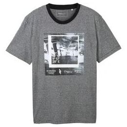 Tom Tailor DENIM Herren Gestreiftes T-Shirt mit Fotoprint, schwarz, Streifenmuster, Gr. XL