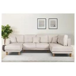 Wohnlandschaft Home Affaire "Triplo wahlweise mit Schlaffunktion, Steppung im Rückenkissen, U-Form" Sofas Gr. B/H/T: 310 cm x 90 cm x 192 cm, Struktur weich, Recamiere links, mit Bettfunktion-mit Bettkasten, beige mit Steppung, auch Bettfunktion und Bettkasten, incl. 3 Zierkissen