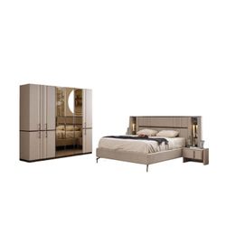 JVmoebel Schlafzimmer-Set Modernes Beiges Doppelbett 2x Nachttische Kleiderschrank Holz Möbel