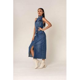 Nina Carter Shirtkleid Eleganter Neckholder Jeans Kleid Midi Rock Denim Dress (lang) 7556 in Blau