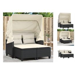 vidaXL Gartenbank Gartensofa 2-Sitzer mit Dach und Hockern Schwarz Polyrattan