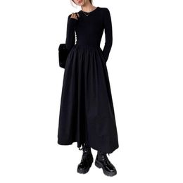 B.X Maxikleid Damen Casual lange Ärmel einfarbig Jerseykleid mit Rundhalsausschnitt Freizeit Hohl Langarmkleid im Hepburn-Stil abnehmen