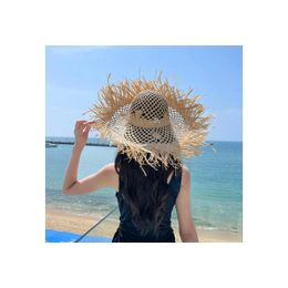 AUKUU Sonnenhut Hohler Hohler handgestrickter großkrempiger Strohhut mit Pelzkrempe für den Sommerreise Strandsonnenhut für Damen