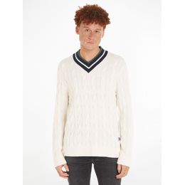 Strickpullover Tommy Jeans "TJM REG V-NECK CABLE SWEATER" Gr. XL, weiß (ancient white) Herren Pullover V-Ausschnitt-Pullover