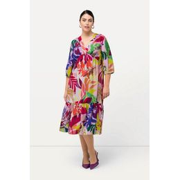 Ulla Popken Jerseykleid Midikleid Blüten A-Linie V-Ausschnitt 3/4-Arm