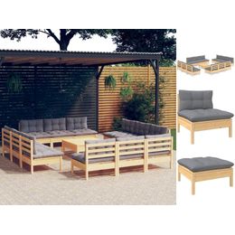 vidaXL Garten-Essgruppe 13-tlg Garten Lounge Set mit Grauen Kissen Kiefernholz Loungemöbel