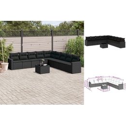 vidaXL Garten-Essgruppe 10-tlg Garten-Sofagarnitur mit Kissen Schwarz Polyrattan Lounge