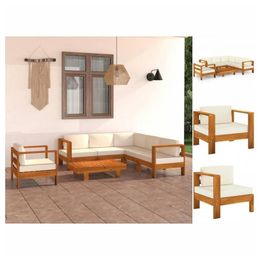 vidaXL Garten-Essgruppe 7-tlg Garten Lounge Set mit Creme Auflagen Massivholz Akazie Holz Sitz