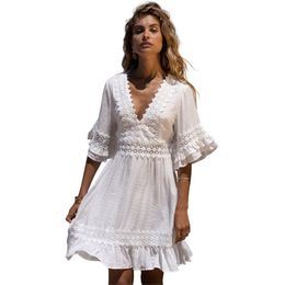 Charis Moda Tunikakleid Sommerkleid mediterran mit Häkelbordüren Halbarm