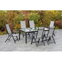 Merxx Garten-Essgruppe Florenz, (7-tlg), 6 Klappsessel mit ausziehbarem Tisch, grau