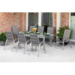 Merxx Garten-Essgruppe Amalfi di lusso, (9-tlg), 8 Stapelsessel, Hochlehner mit ausziehbarem Tisch,Gewicht Tisch 52,6kg, braun|grau