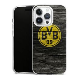 DeinDesign Handyhülle Borussia Dortmund BVB Holzoptik BVB Holzoptik, Apple iPhone 14 Pro Silikon Hülle Bumper Case Handy Schutzhülle, weiß