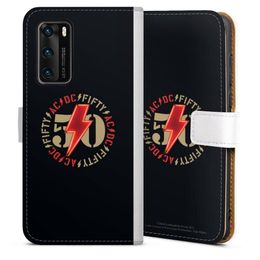 DeinDesign Handyhülle ACDC 50 Jahre POWER UP POWER UP EMBLEM ACDC, Huawei P40 Hülle Handy Flip Case Wallet Cover Handytasche Leder, weiß