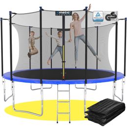 KINETIC SPORTS Trampolin Outdoor 'Salto Plus' &Oslash; 183/244/305/366/400/430/490 cm - Komplett-Set f&uuml;r Kinder, USA Sprungtuch, Netz, Randpolster, Leiter - bis zu 160kg Blau-2 &Oslash; 430 cm &Oslash; 430 cm, Blau-2