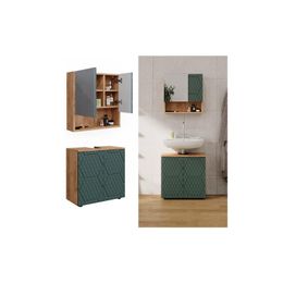 VICCO Badm&ouml;bel-Set Irma Eiche Gr&uuml;n 2-teilig Spiegelschrank Waschbeckenschrank 60 cm