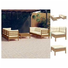 vidaXL Garten-Essgruppe 7-tlg Garten Lounge Set mit Creme Kissen Kiefernholz Loungemöbel