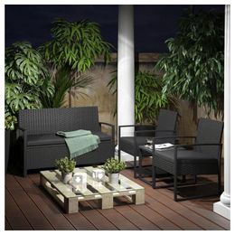 OK-Living Sitzgruppe Gartenmöbel Kissenbox-Bank Stühle Tisch Anthrazit Rattan 4er- Set