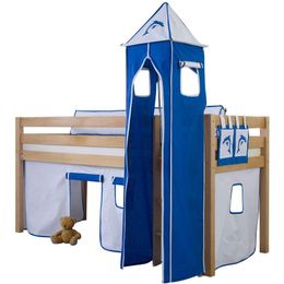 Relita Halbhohes Spielbett Alex mit Vorhang, Turm und Tasche, Buche massiv, natur lackiert