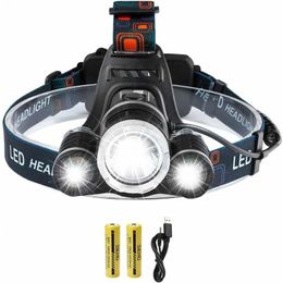 Hiasdfls - Wiederaufladbare LED-Stirnlampe, 5000 Lumen Lauflampe, superhelle T6-LED-Stirnlampe, wasserdichte Stirnlampe mit 2 Batterien,
