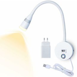 LED-Wand-Leseleuchte Flexible Schwanenhals-Leseleuchte 3 w dimmbare Touch-Schalter-Lampe mit USB-Ladeanschluss und Kabel Nachttisch-Wandleuchten