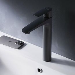 Wasserhahn Bad Hoch Waschbecken Badarmatur Mischbatterie aus Messing Waschtischarmatur Einhandmischer für Badezimmer Waschbeckenarmatur, Schwarz matt