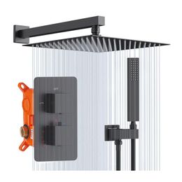 Ubeegol - Duschsystem mit Thermostat Unterputz Duschsäule Regenduschkopf Schwarz Unterputz Duscharmatur mit verdecktem Thermostat aus Messing