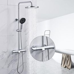 Duscharmatur mit 40℃ Thermostat 3-Funktion Duschsystem Duschsäule mit Wasserfall-Auslauf höhenverstellbaren Duschstange und Handbrause Messing Chrom