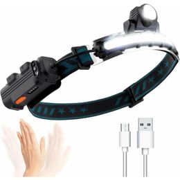 LED-Frontlampe, USB-wiederaufladbare Front-Taschenlampe, wasserdichte und leichte Lichtlampe, 6 Beleuchtungsmodi zum Wandern, Radfahren, Angeln,