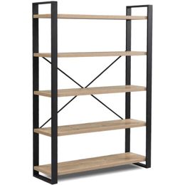 Bücherregal, Regal mit 5 Ebenen, Holzregal Eiche Optik, Standregal, Schuhregal, Lagerregal, Stahlgestell, 120 cm breit, für Wohnzimmer, Büro und