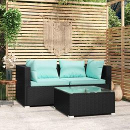 3-tlg. Garten-Lounge-Set Gartenmöbel-Set Terrassen-Sitzgruppe mit Kissen Schwarz Poly Rattan ZDEH24708 MAISONCHIC