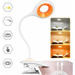 Anstecklampe Leselampe Bernsteinlicht 3 Farben Dimmbare Helligkeit usb wiederaufladbare LED-Schreibtischlampe 360 ° Flexible Klemmlampe Leselampe