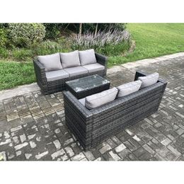 6-Sitzer Rattan Gartenmöbel Set Outdoor Patio Sofa Set mit Länglichem Tisch Dunkelgrau Gemischt - Fimous